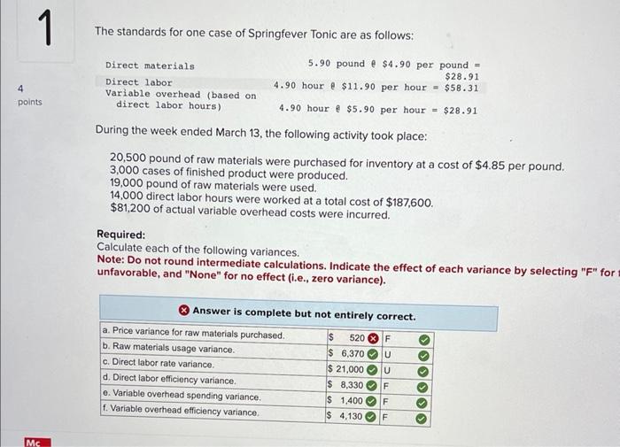 Solved The standards for one case of Springfever Tonic are | Chegg.com