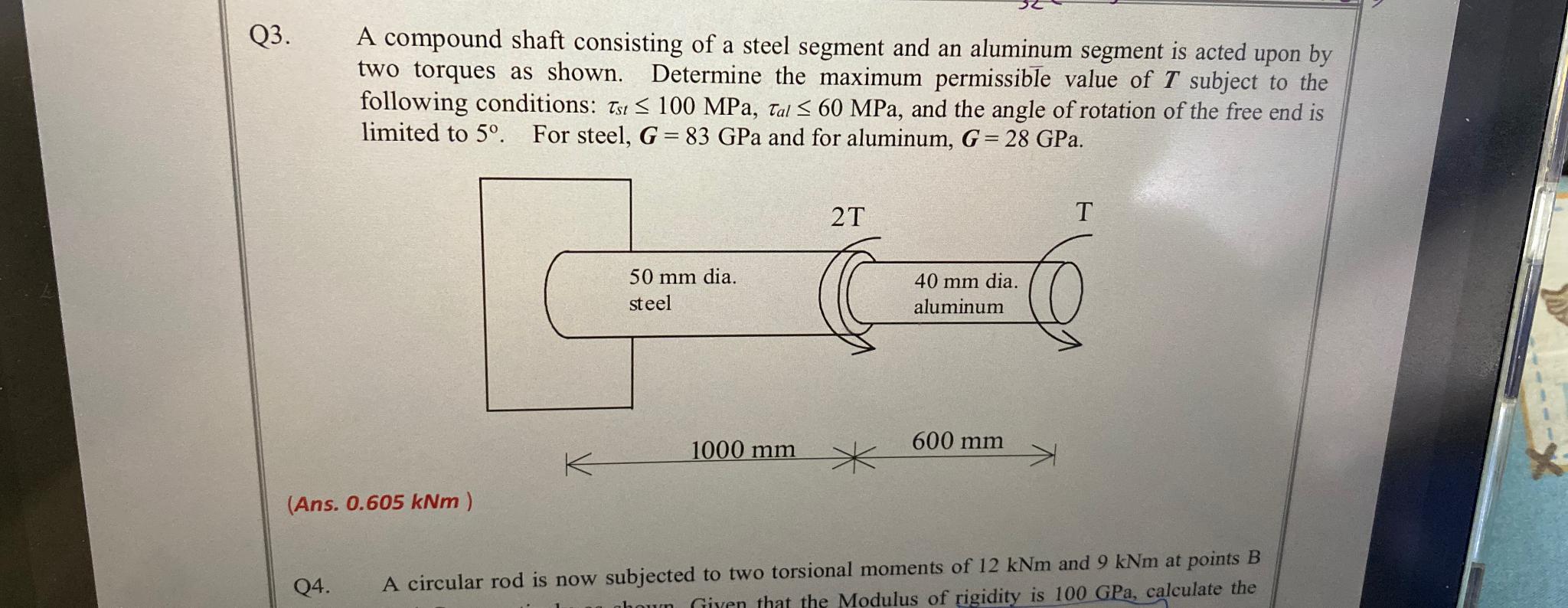 Solved Q3. ﻿A compound shaft consisting of a steel segment | Chegg.com