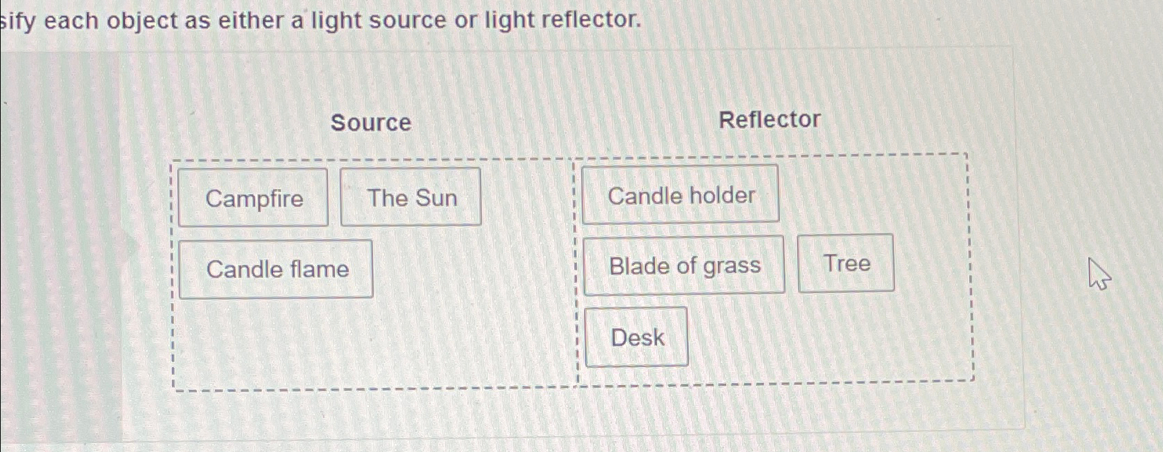 Solved sify each object as either a light source or light | Chegg.com