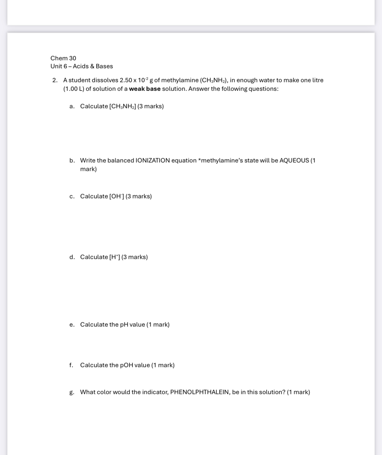 Solved Chem 30Unit 6 - ﻿Acids & Bases2. ﻿A student dissolves | Chegg.com