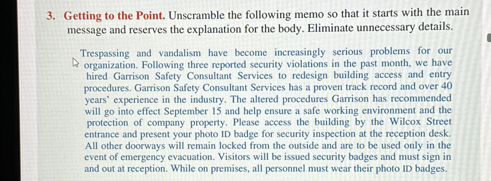 Solved Getting to the Point. Unscramble the following memo | Chegg.com