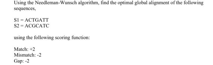 Solved Using the Needleman-Wunsch algorithm, find the | Chegg.com