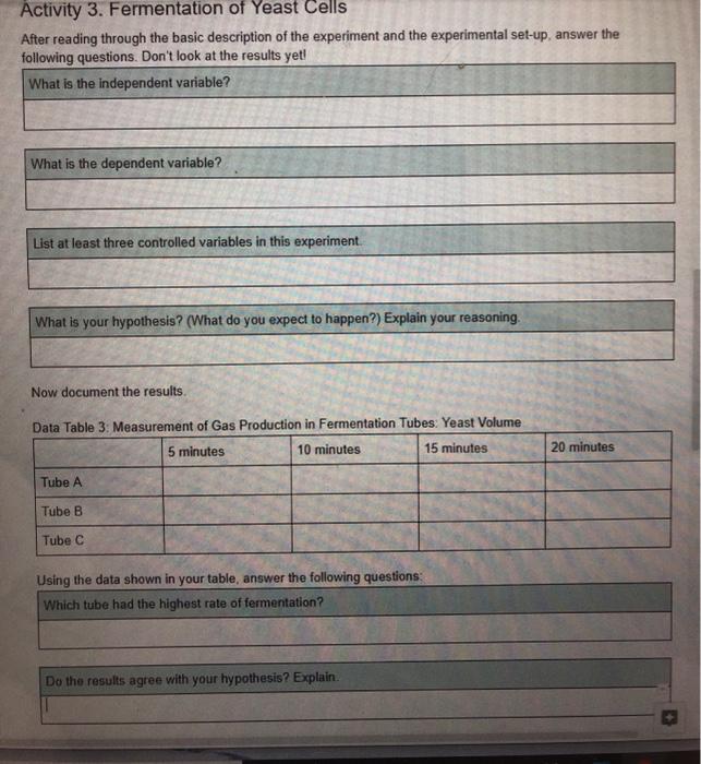 Activity 3. Fermentation of Yeast Cells After reading | Chegg.com