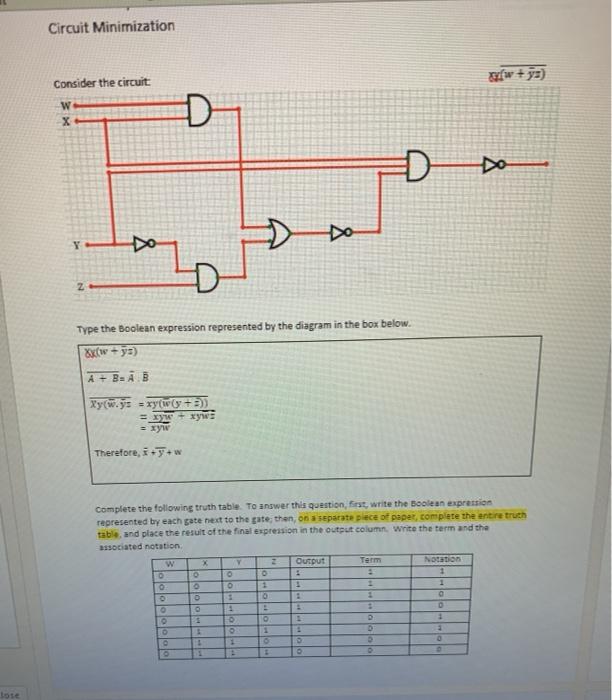 Solved Circuit Minimization Consider the circuit ww + ) W X | Chegg.com