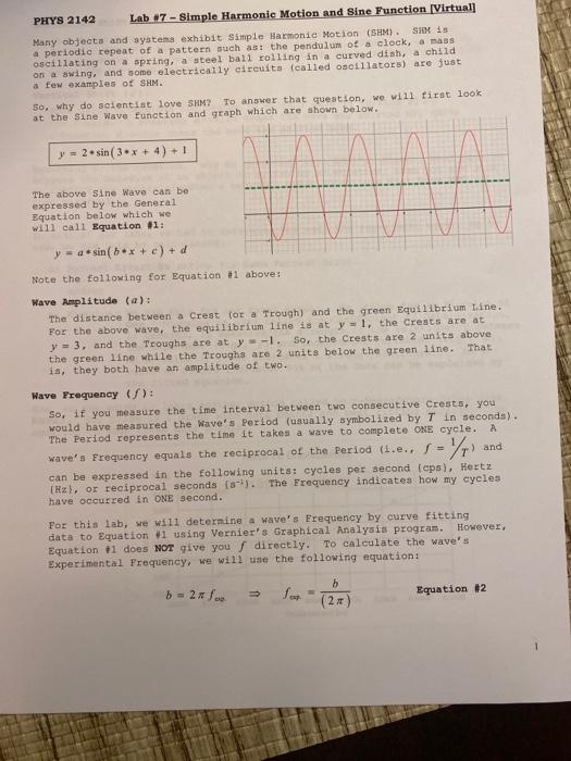 PHYS 2142 Lab #7 - Simple Harmonic Motion and Sine | Chegg.com