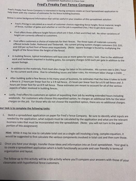 Solved Spreadsheet Application in-Class Case Fred's Freaky | Chegg.com
