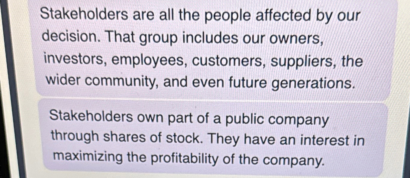 Solved Stakeholders are all the people affected by our | Chegg.com