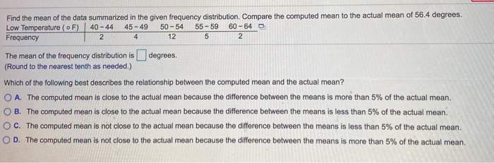 Solved Find the mean of the data summarized in the given | Chegg.com