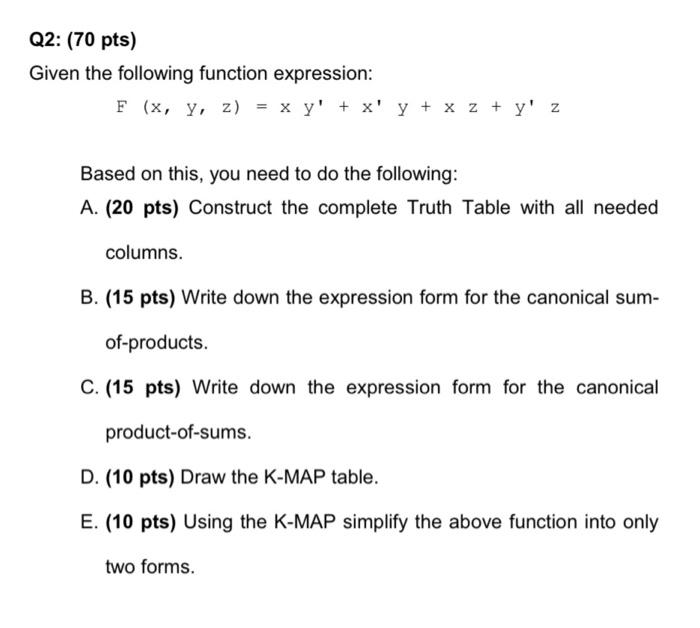 Solved Q2: (70 pts) Given the following function expression: | Chegg.com Solved Q2: (70 pts) Given the following function expression: | Chegg.com