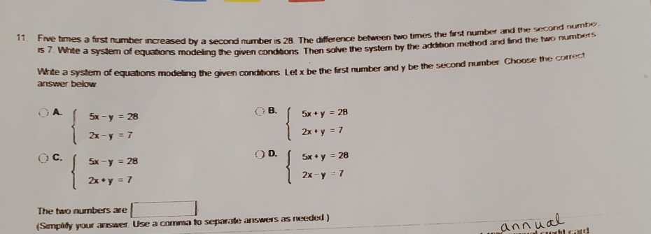 Solved Five times a first number increased by a second | Chegg.com