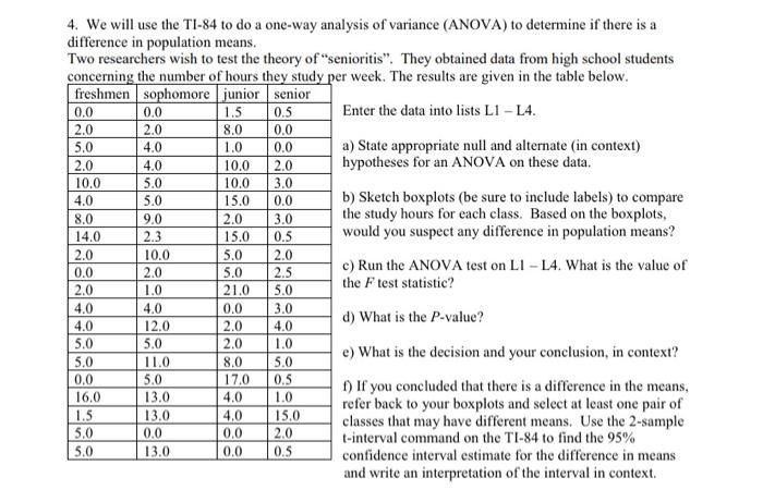 Solved 4. We will use the TI-84 to do a one-way analysis of | Chegg.com