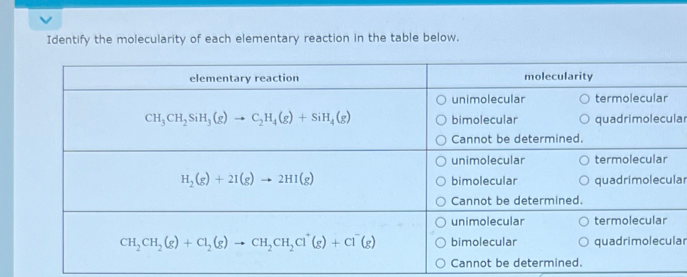 Solved Identify the molecularity of each elementary reaction | Chegg.com