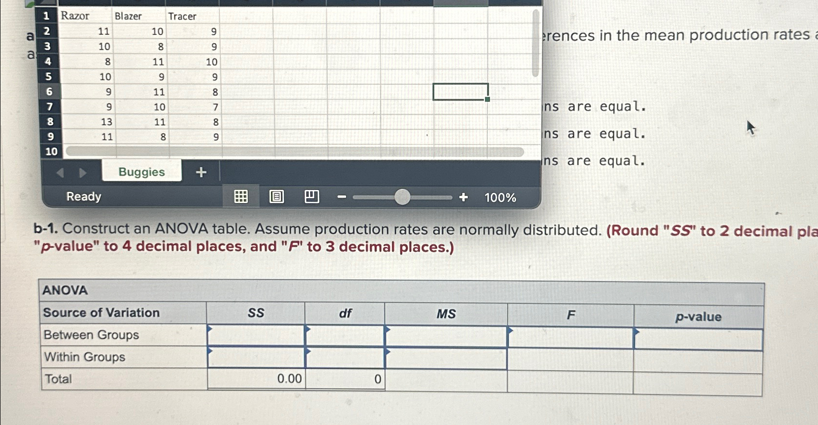 Solved b-1. ﻿Construct an ANOVA table. Assume production | Chegg.com