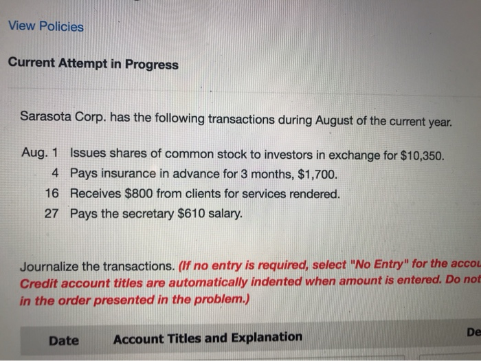 Solved View Policies Current Attempt in Progress Sarasota | Chegg.com
