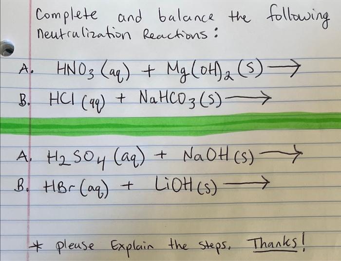 Solved Complete and balance the following neutralization | Chegg.com