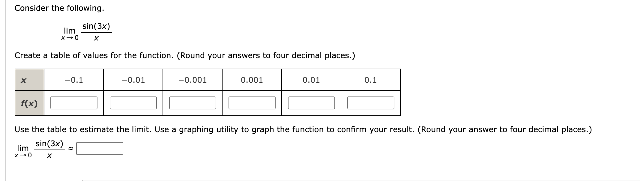 Solved Consider the following.limx→0sin(3x)xCreate a table | Chegg.com