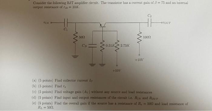 Considar the following BJT amplifier circuit. The | Chegg.com