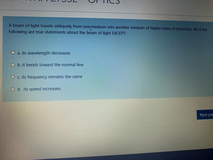 Solved A beam of light travels obliquely from one medium | Chegg.com