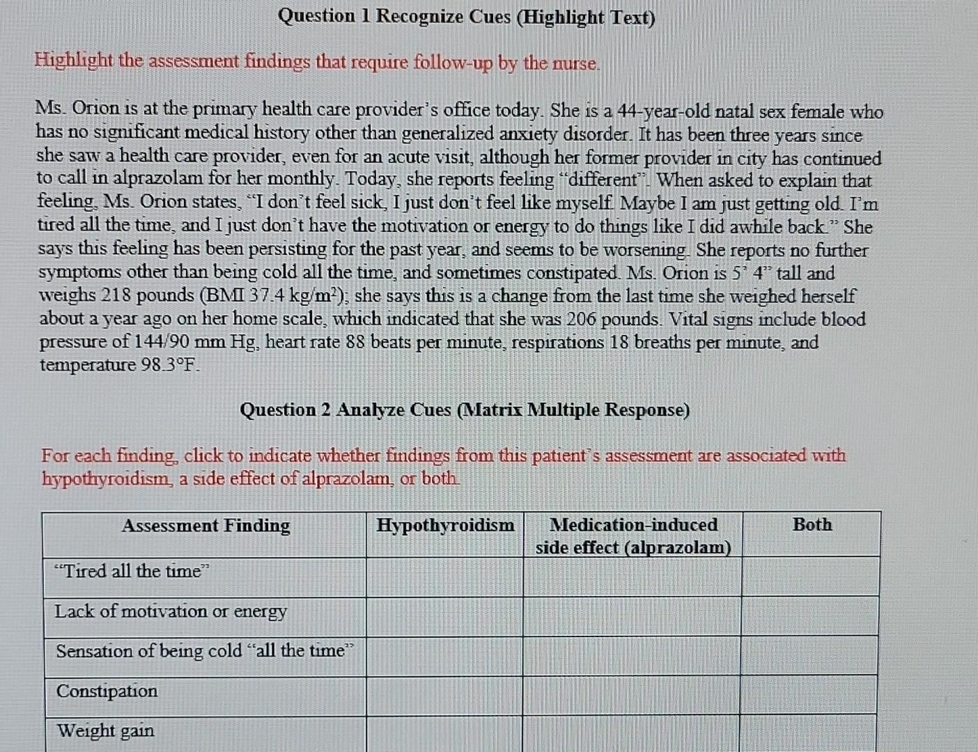 Solved Question 1 Recognize Cues Highlight Text Highlight