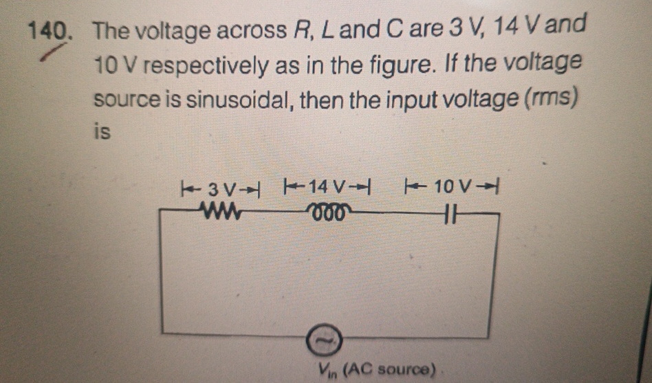 The voltage across R,L ﻿and C ﻿are 3V,14V ﻿and 10 ﻿V | Chegg.com