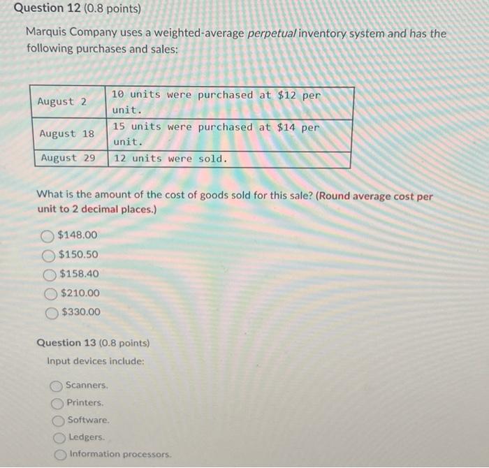 Solved Marquis Company uses a weighted-average perpetual | Chegg.com