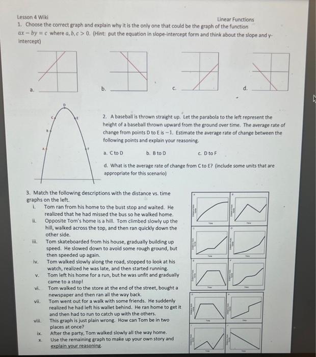 Solved Lesson 4 Wiki Linear Functions 1. Choose the correct | Chegg.com