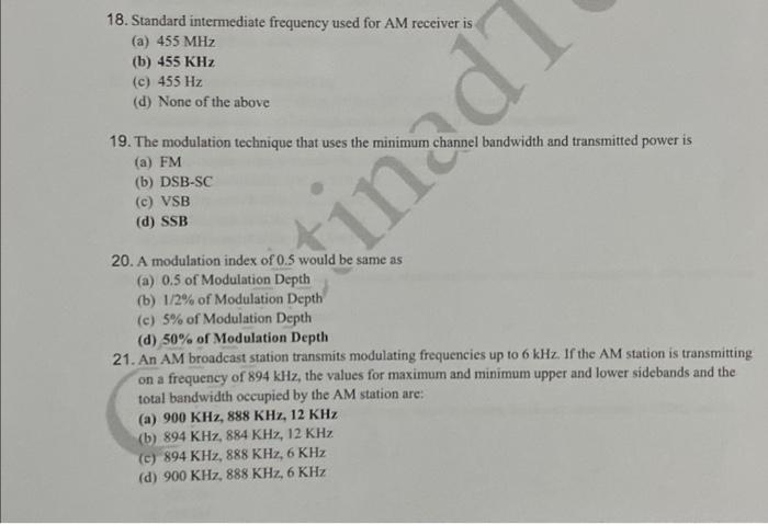 Solved 18. Standard intermediate frequency used for AM | Chegg.com