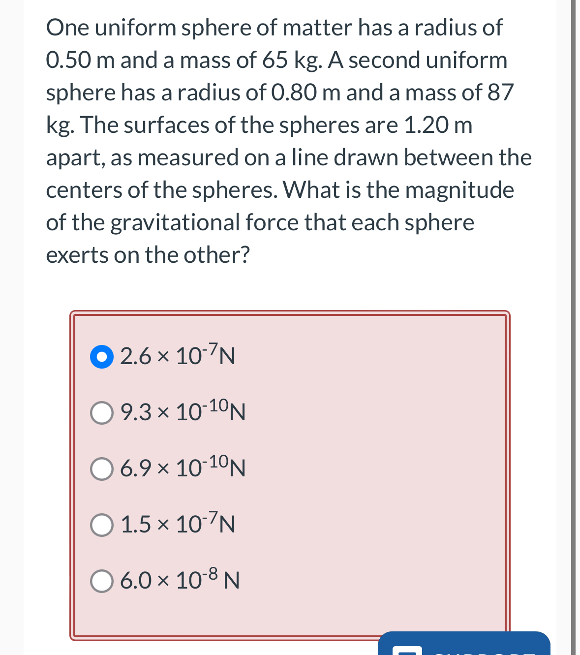 Solved One uniform sphere of matter has a radius of 0.50m | Chegg.com