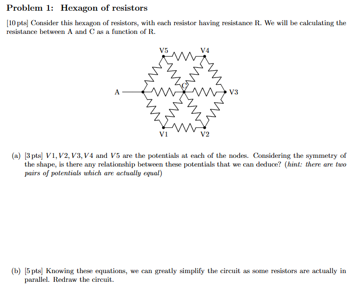 Solved Problem 1: Hexagon of resistors [ 10 ﻿pts ] ﻿Consider | Chegg.com