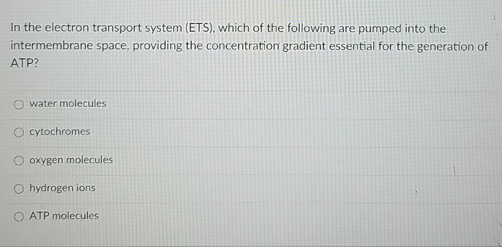 Solved In the electron transport system (ETS), which of the | Chegg.com