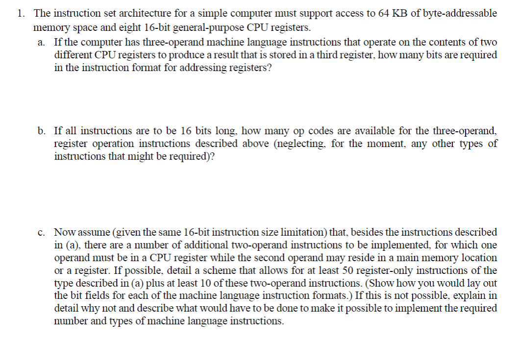 Solved The instruction set architecture for a simple | Chegg.com