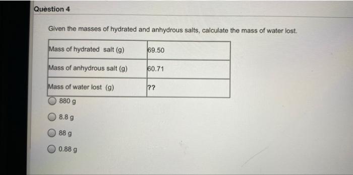 Solved Question 4 Given the masses of hydrated and anhydrous | Chegg.com
