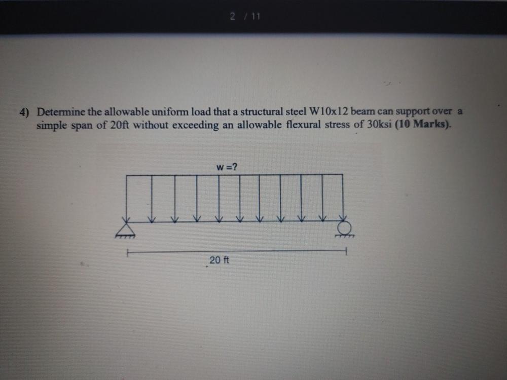 Solved 2 / 11 4) Determine the allowable uniform load that a | Chegg.com