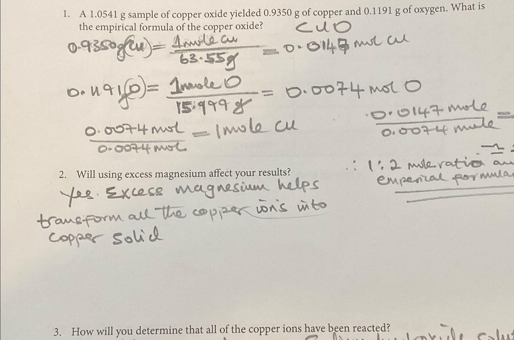 Solved A 1.0541g ﻿sample of copper oxide yielded 0.9350g ﻿of | Chegg.com