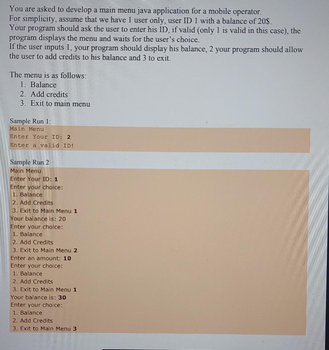 Solved You are asked to develop a main menu java application | Chegg.com