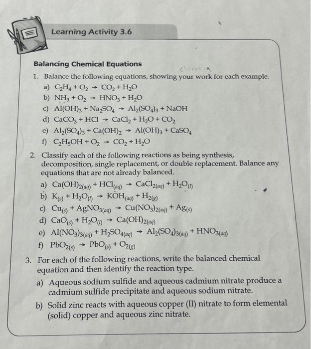 Solved Balancing Chemical Equations 1. Balance the following | Chegg.com