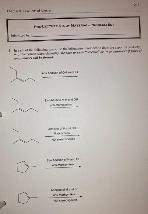 Solved Chapter 8: Reactions of Alkenes PRE-LECTURE STUDY | Chegg.com