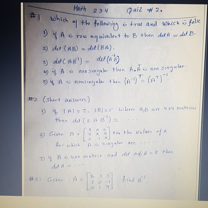 Solved Math 234 #1 which det B. Qui2 # 2. of the following | Chegg.com