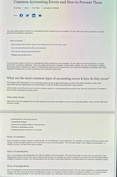 Solved Common Accounting Errors and How to Prevent Them n | Chegg.com