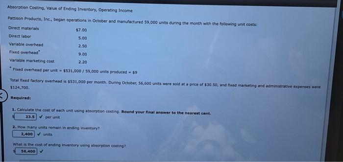 Solved Absorption Costing, Value of Ending Inventory, | Chegg.com