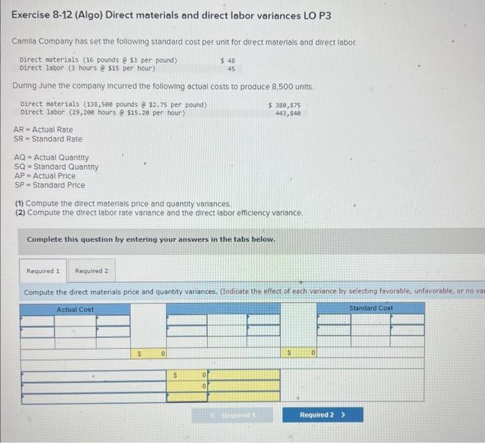 Solved Exercise 8-12 (Algo) Direct materials and direct | Chegg.com