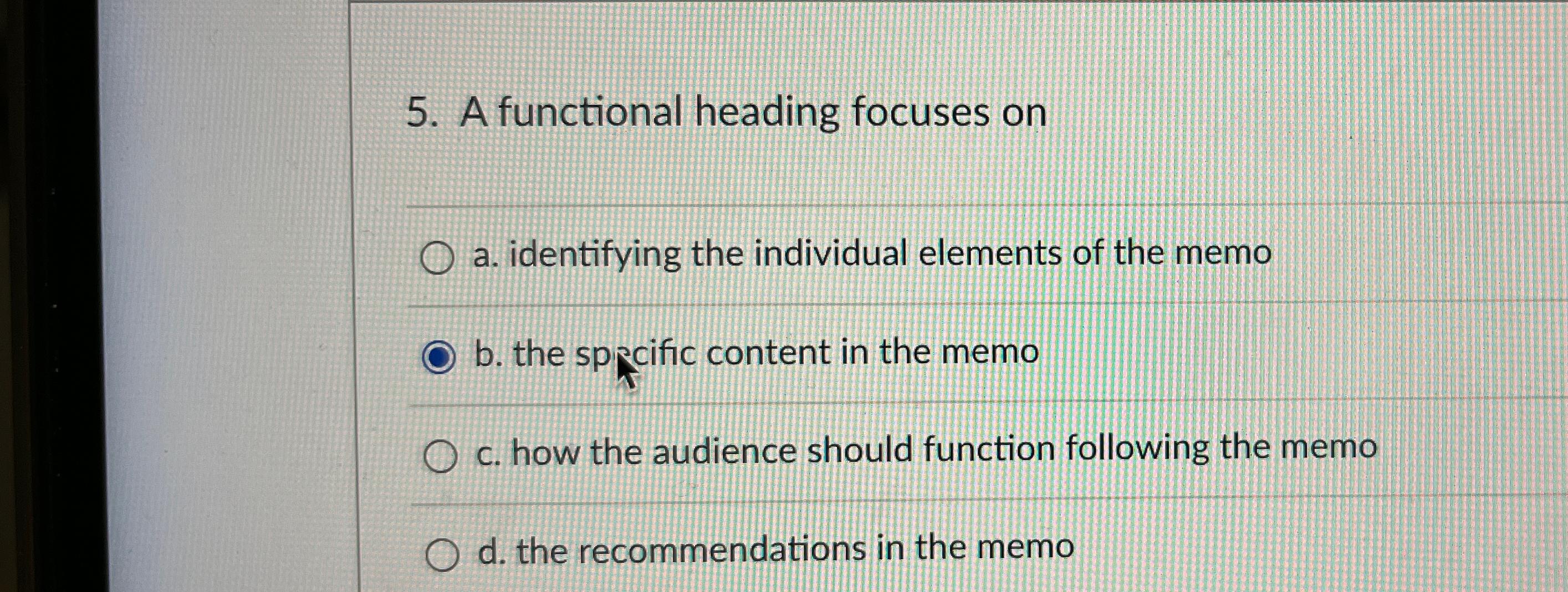 Solved A functional heading focuses ona. ﻿identifying the | Chegg.com