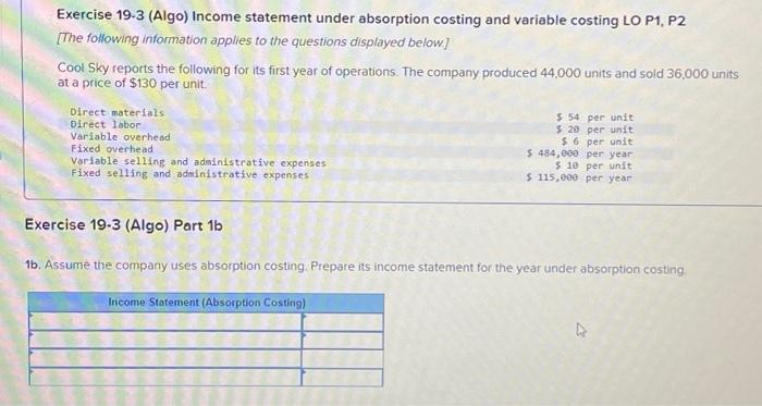 Solved Exercise 19-3 (Algo) Income statement under | Chegg.com