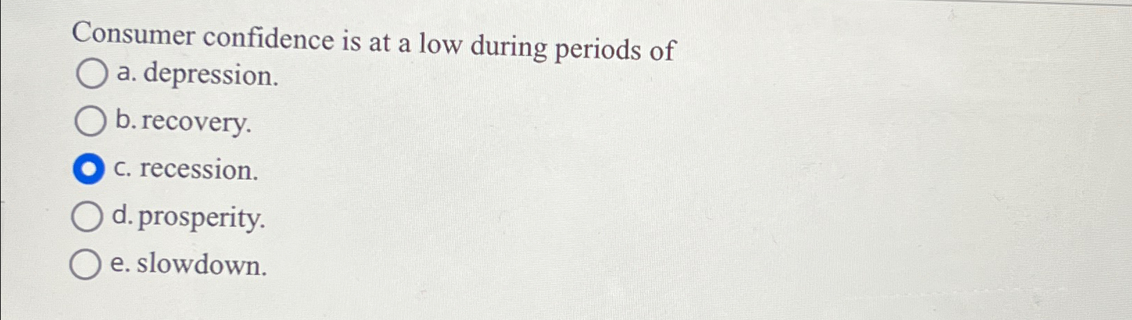 Solved Consumer confidence is at a low during periods ofa. | Chegg.com