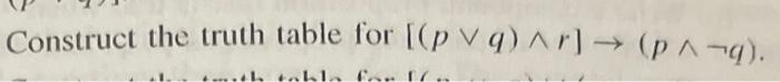 Solved Construct the truth table for [(pvq)^r] → (p^¬q). fo | Chegg.com