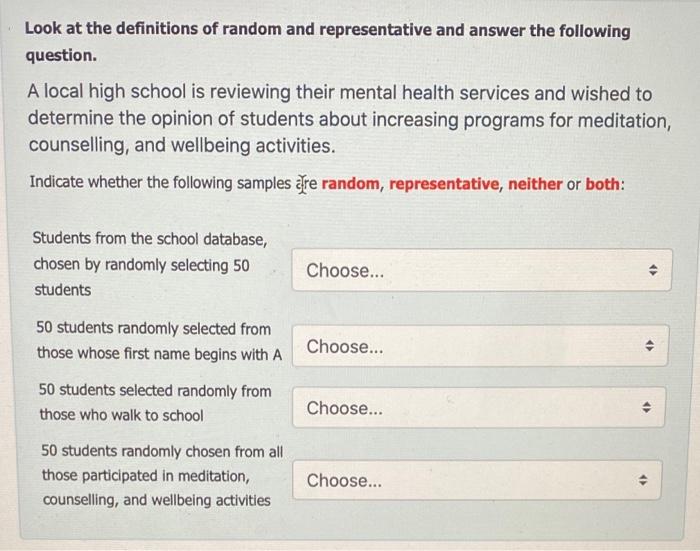 Solved Look at the definitions of random and representative | Chegg.com