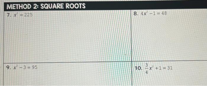 Solved METHOD 2: SQUARE ROOTS 7. x2=225 8. 4x2−1=48 9. | Chegg.com