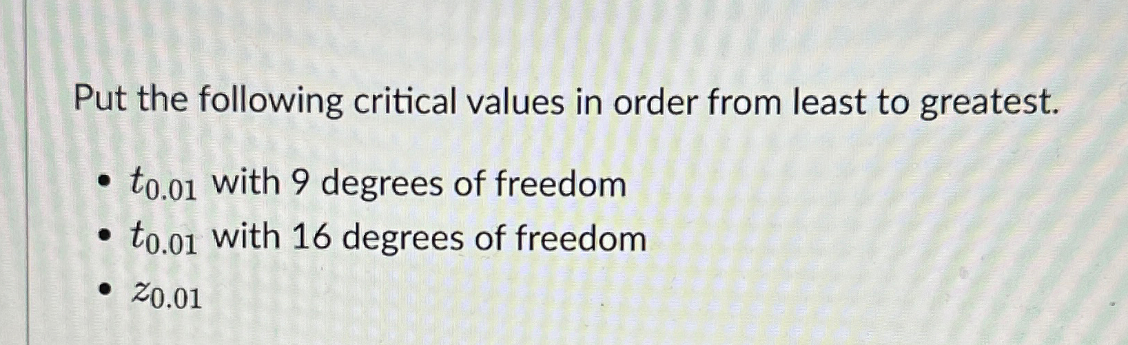 Solved Put the following critical values in order from least | Chegg.com