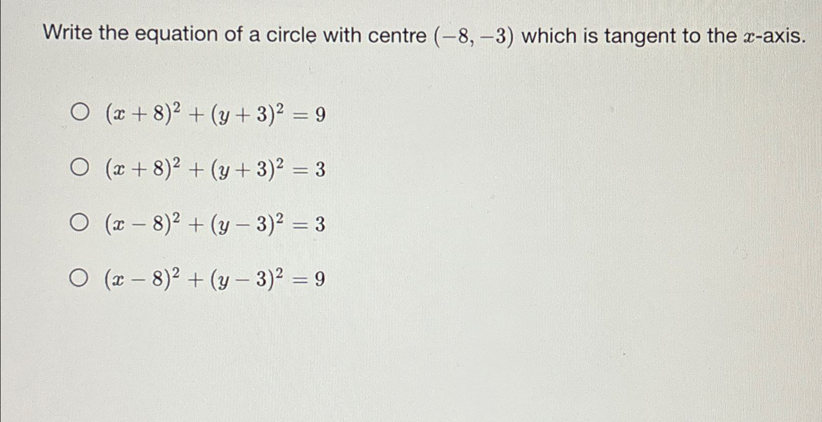 Solved Write the equation of a circle with centre (-8,-3) | Chegg.com