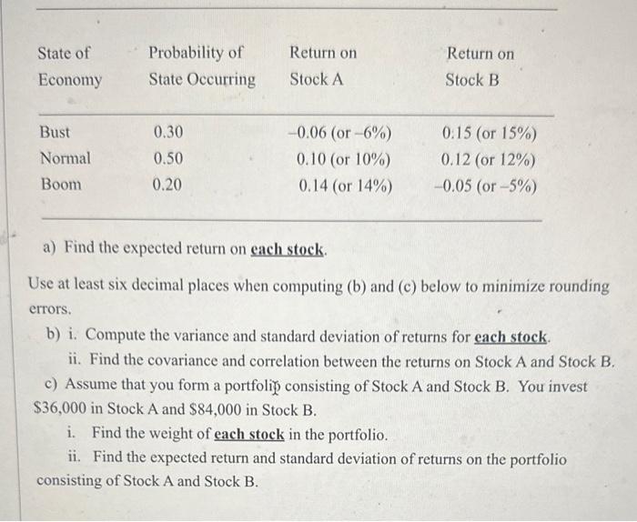 Solved a) Find the expected return on each stock. Use at | Chegg.com